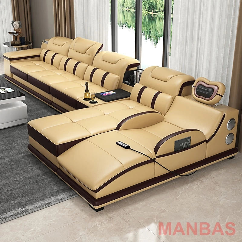 MANBAS Italian Genuine Leather Sectional Sofa with Bluetooth, Speaker ...
