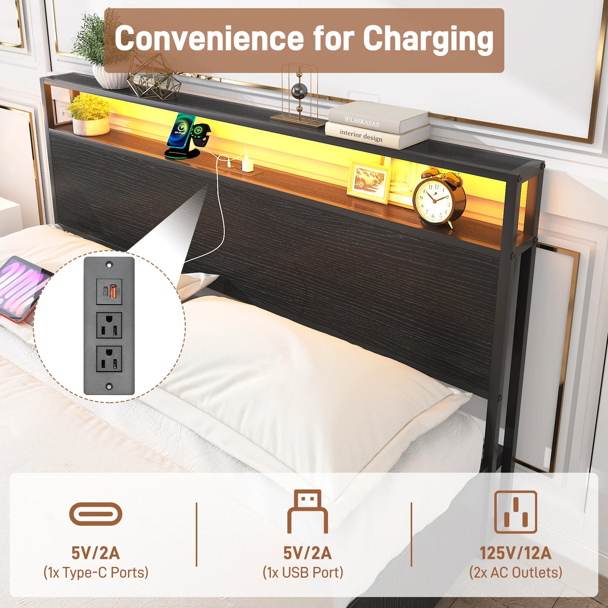 LED Bed Frame Full/QueenKing Size with 2 USB Ports and Outlets, Platfo ...