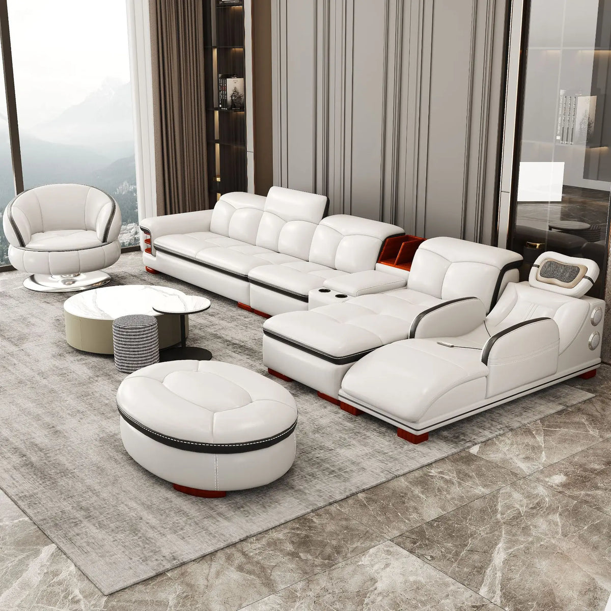 Luxury L-Shaped Genuine Leather Sectional Sofa Sets with USB, Bluetoot ...